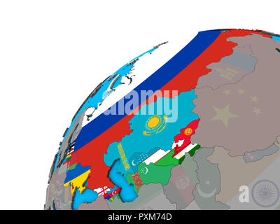 Former Soviet Union with national flags on blue political globe. 3D ...
