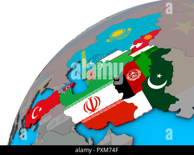 ECO member states with national flags on simple globe. 3D illustration ...