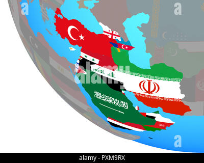 Western Asia with national flags on blue political globe. 3D ...