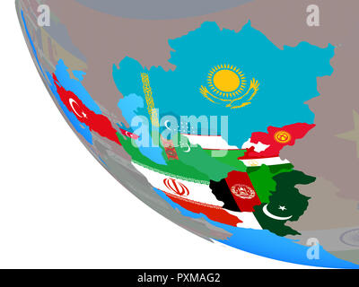ECO member states with national flags on 3D globe. 3D illustration ...