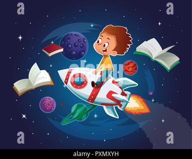 Happy Boy playing and imagine himself in space driving an toy space ...