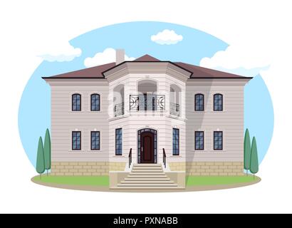 Cartoon house exterior with blue clouded sky Front Home Architecture ...