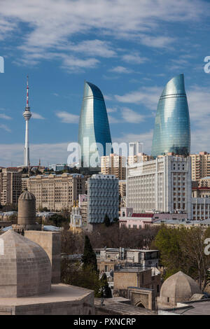 Azerbaijan, Baku. View of Baku Television Tower and Flame Towers Stock ...