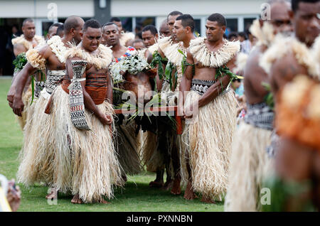 Traditional Fijian men carrying roasted pig in Alberts Park waiting the ...