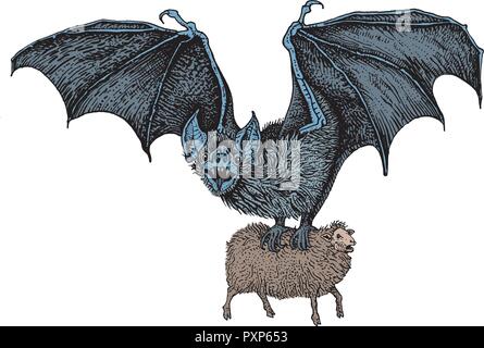 Flying giant vampire bat caught a sheep. Hand drawn vintage engraving ...