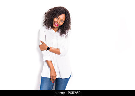 Nice black afro american on studio white background Stock Photo - Alamy