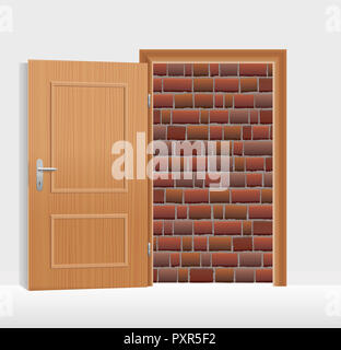 Closed door and open door blocked by a brick wall. Symbol for captivity ...