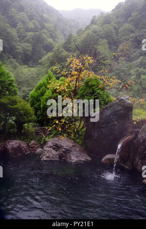 A rotenburo outdoors onsen hot spring in winter and surrounded by snow ...