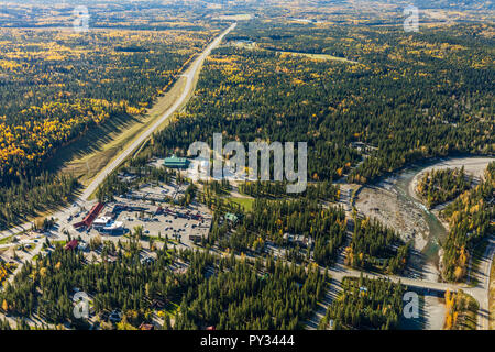 Aerial view of the hamlet of Bragg Creek, Alberta with Elbow River and ...