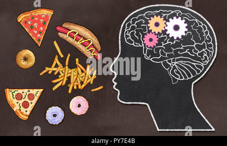 Addiction illustrated with Fast Food and Brain in Classic drawing Style ...