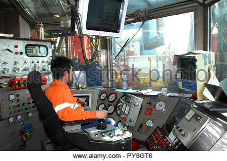Control room of an oil rig in the North Sea off the coast of Norway ...