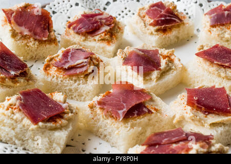 Canape with Pastrami / Pastirma Ham and Hummus on Small Square Bread ...