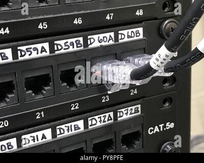 Enumerated ethernet patch panels with cables connected to the ports ...