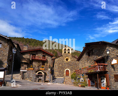 Small village Llorts in Pyrenees with 17th century church of medieval ...