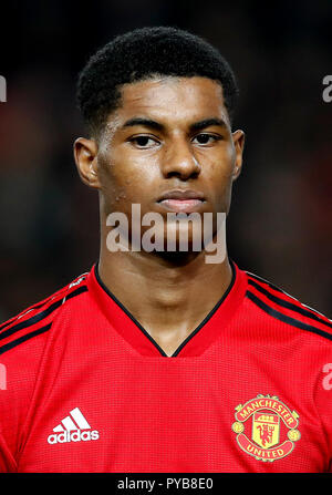 Manchester United's Marcus Rashford head the ball during the Premier ...