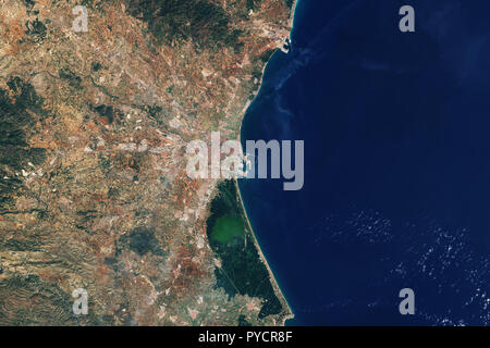 an aerial view of Valencia, Spain, as seen from the Micalet, the belfry ...