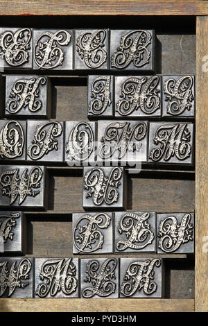 A box of old vintage printing press letter blocks in a old wooden box ...
