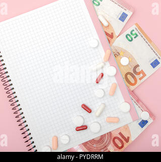 Tablets, pills, capsules, pills with pencil and banknotes of 50 euros ...