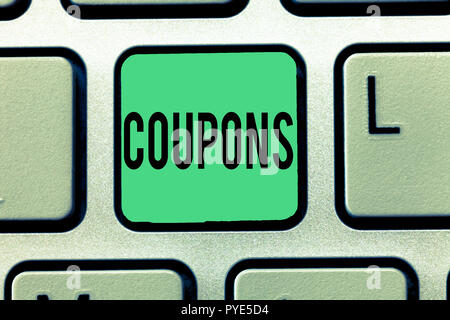Text sign showing Coupons. Conceptual photo Certificate Ticket Label ...