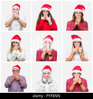 Collage of group of people wearing chrismast hat over isolated ...