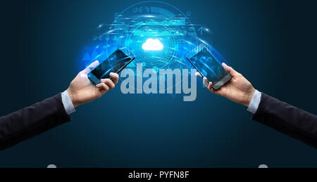 Two mobile phones syncing through the cloud Stock Photo - Alamy