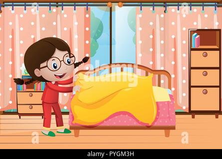 Little girl making bed illustration Stock Vector Image & Art - Alamy