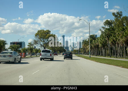 Highway along Skyline of Miami, Florida in the thick of the city with ...