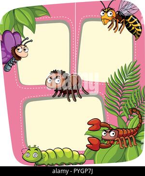 Border template design with insects in the garden background ...