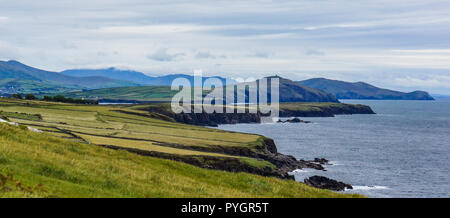 green fields along rugged Irish ocean coastline of cliffs Stock Photo ...