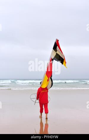 RNLI lifeguard signs and warning signs and flags on the beach at Port ...