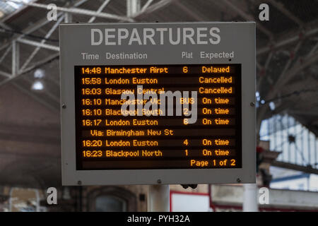 Departure screen at Preston railway station showing cancelled, delayed ...