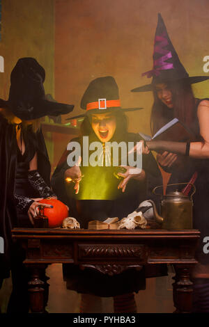 Portrait of three witches with book of boiling potions in cauldron ...