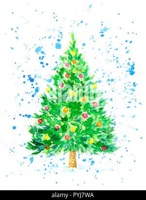Watercolor Christmas tree with snow-covered branches and colorful ...
