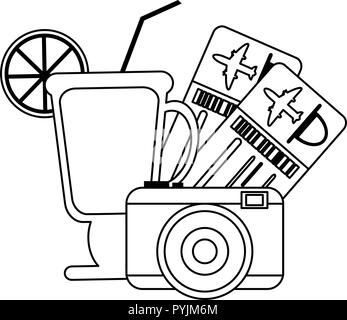 Travel flight tickets camera and cocktail symbols vector illustration ...