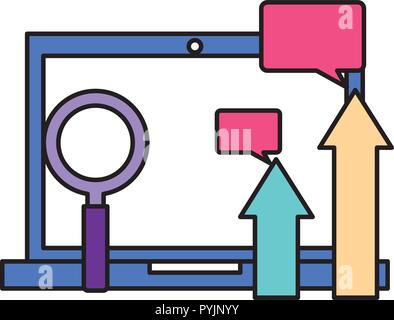 laptop computer arrows magnifying glass speech bubble Stock Vector ...