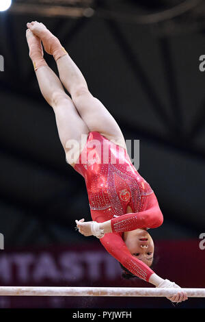 October 28, 2018: Huan Luo of Â China during Uneven Bars qualification ...