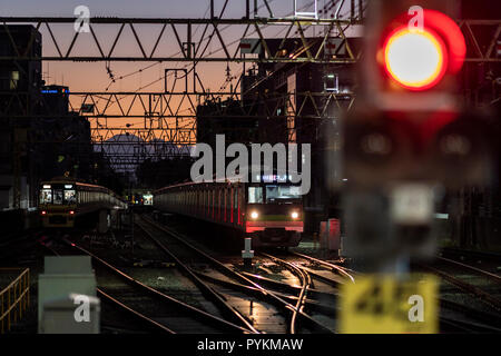 Mt.Fuji and Keio Line Train in the evening, view from Sasazuka Station ...