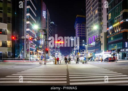 Street movement in Haeundae, Busan, South Korea. Cars waits for traffic ...