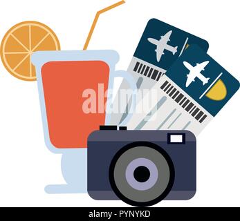 Travel flight tickets camera and cocktail symbols vector illustration ...