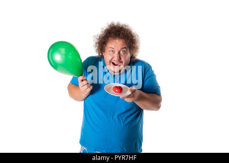 Funny fat man with cake and balloons. Happy birthday. Joy and fun Stock ...