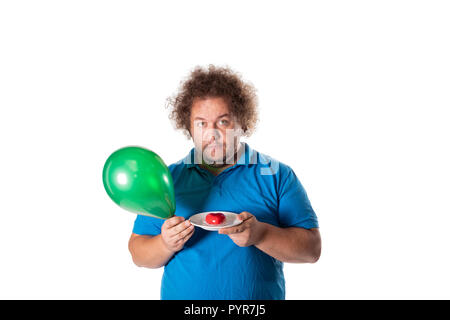 Funny fat man with cake and balloons. Happy birthday. Joy and fun Stock ...
