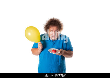 Funny fat man with cake and balloons. Happy birthday. Joy and fun Stock ...