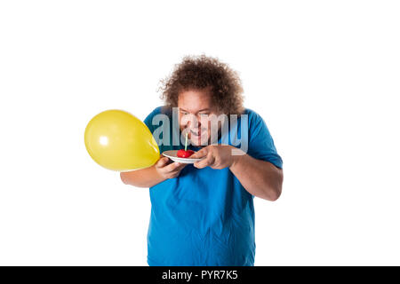 Funny fat man with cake and balloons. Happy birthday. Joy and fun Stock ...