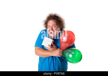 Funny fat man with gift and balloons. Happy birthday. Joy and fun Stock ...