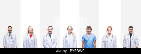 Collage of professional doctors over stripes isolated background ...