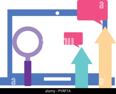 laptop computer arrows magnifying glass speech bubble Stock Vector ...