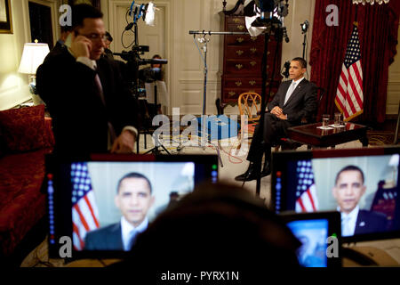 President Obama conducts interviews in the Map Room 3/30/09 Stock Photo ...