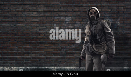 Brave post apocalyptic survivor with mask and documents: environmental ...