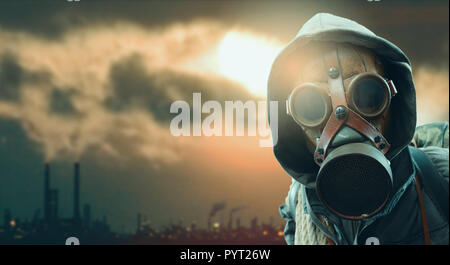 Brave post apocalyptic survivor with mask and documents: environmental ...