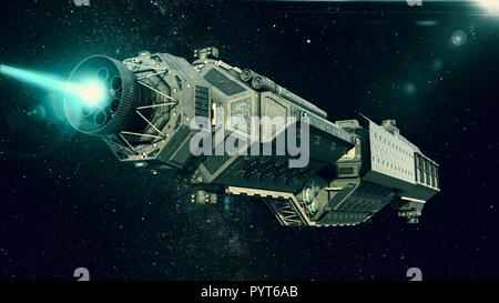 An alien starship or a rocket in space, exploding and falling down ...